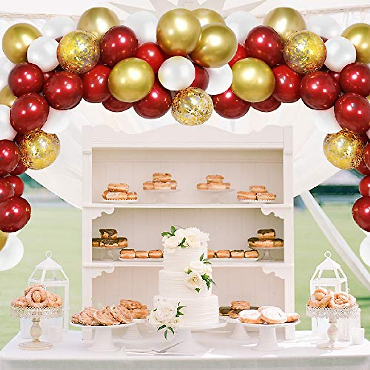 Red and Gold Confetti Balloons, 12 inches Burgundy Metallic Gold and White Balloons for Wedding Birthday Bridal Shower Supplies Baby Shower Anniversary Party Decorations (50 pcs)