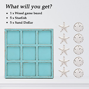 NIKKY HOME Beach Tic Tac Toe for Fun Starfish Sand Dollar Coastal House Coffee Table Decor Wood Board Travel Game, 8.98 x 8.98 x 1.18 inch, Teal