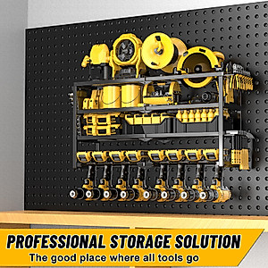 jsyonii Power Tool Organizer Wall Mount, 4 Layer Heavy Duty Metal Power Tool Storage Rack with 8 Drill Holders, Heavy Duty Metal Garage Tool Shelf with Wrench Hammer Pliers Screwdriver Holder