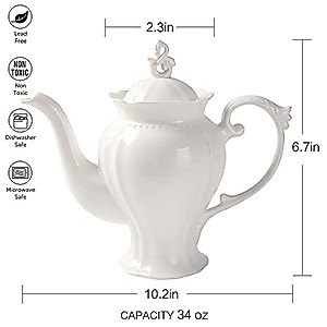 Fine Porcelain White English Teapot, Coffee Pot, Victoria Style, Light Weight, 34 Oz