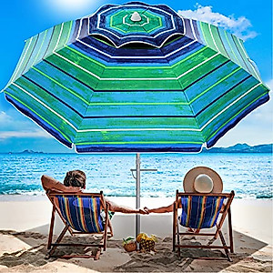 FEFLO Portable Beach Sand Umbrella Outdoor: 7ft Arc Length 6.5ft Diameter UV 50+ Large Heavy Duty Wind Proof Umbrella with Anchor and Adjustable Tilt Pole - 8 Ribs Lightweight Parasol with Carry Bag
