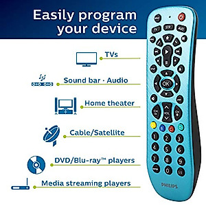 Philips Universal Remote Control Replacement for Samsung, Vizio, LG, Sony, Sharp, Roku, Apple TV, RCA, Panasonic, Smart TVs, Streaming Players, Blu-ray, DVD, Simple Setup, 3 Device, Blue, SRP3249B/27
