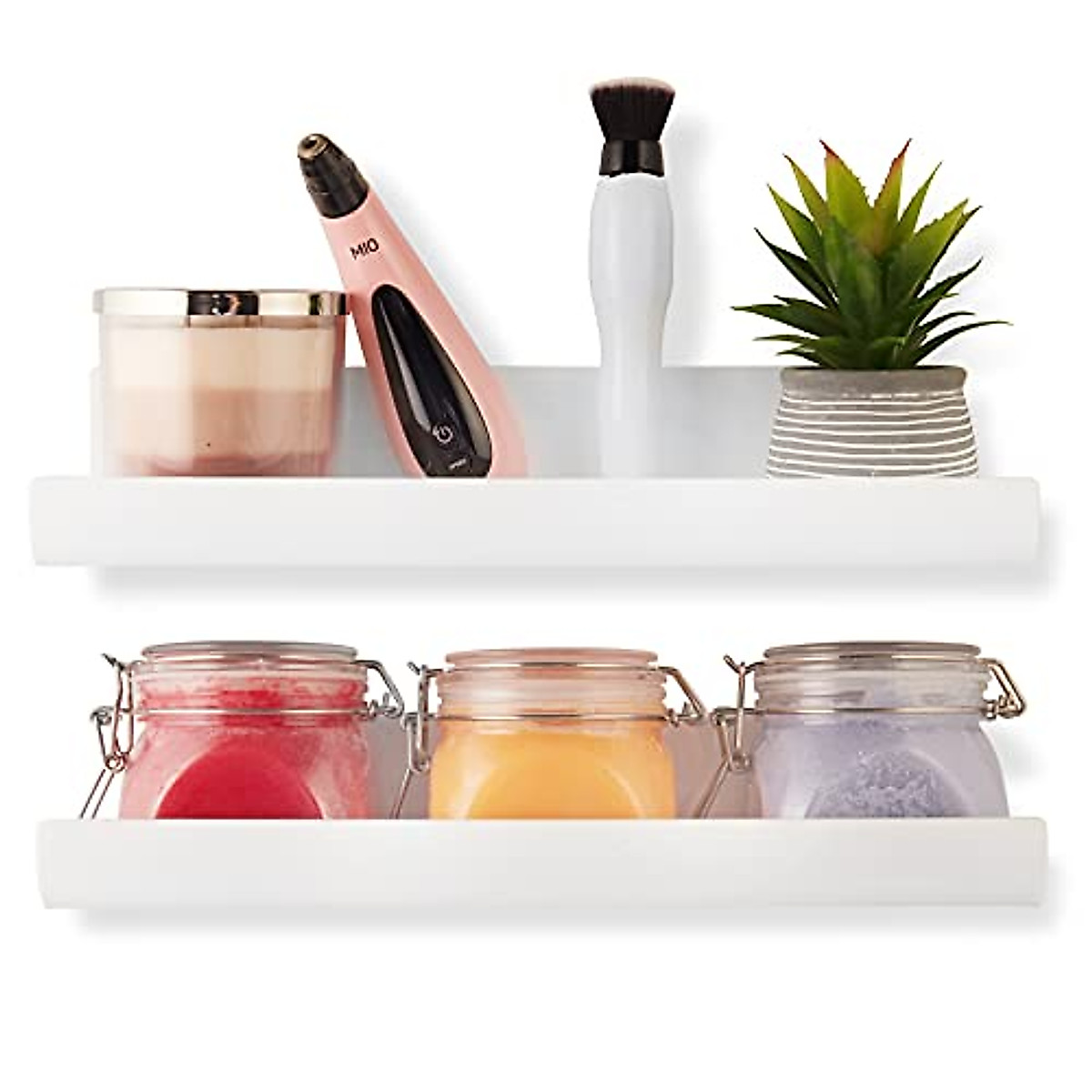 Clear Acrylic Floating Wall Shelves, Two Pack, 15 Inch Wall Bookshelf for Kids, 5 mm Acrylic Shelves for Kitchen, Shower, Nursery. Spice Rack, Display Organizer, Bathroom Storage Shelves (White)