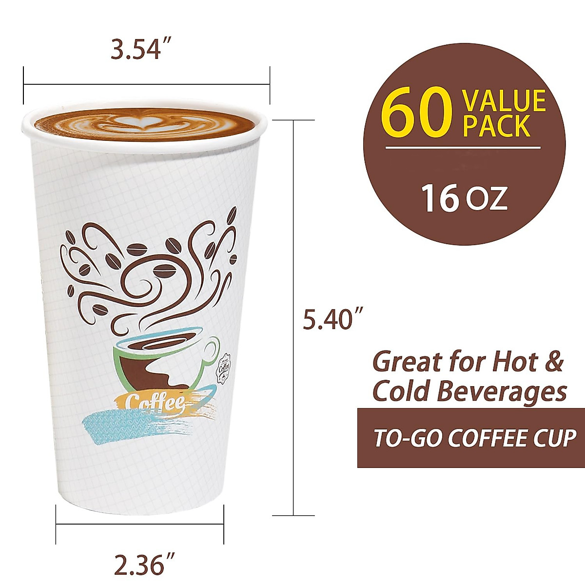 Lamosi 60 Pack - 16 oz Disposable Coffee Cups with Lids, To Go Coffee Cups with Lids, Hot/Cold Paper Cups for Tea, Chocolate, 16 Ounce