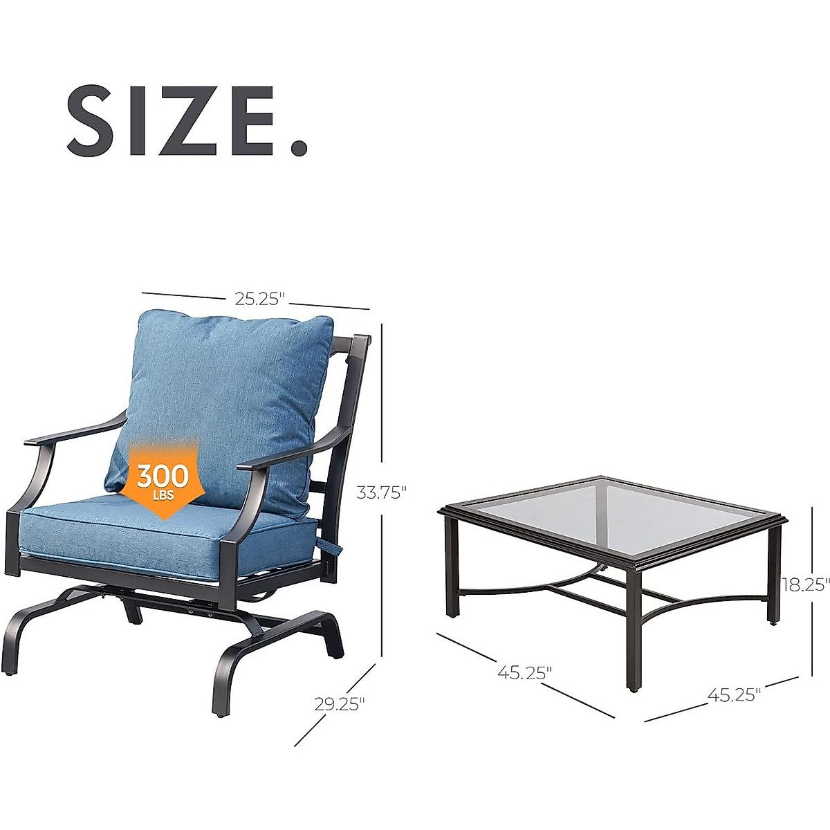 Grand patio 5PCS Conversation Sets Outdoor Dining Set 4 Rocking Motion Patio Chairs with Gray Water-Resistant Olefin Cushions & 1 Tempered Glass Table for Garden Lawn & Poolside (Peacock Blue)