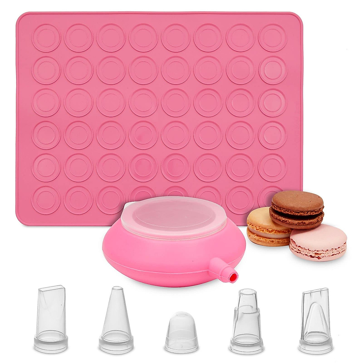 Macaron Baking Kit with Pink Silicone Mat Cookie Sheet, Piping Pot, 5 Nozzle Tips (7-Piece Set)