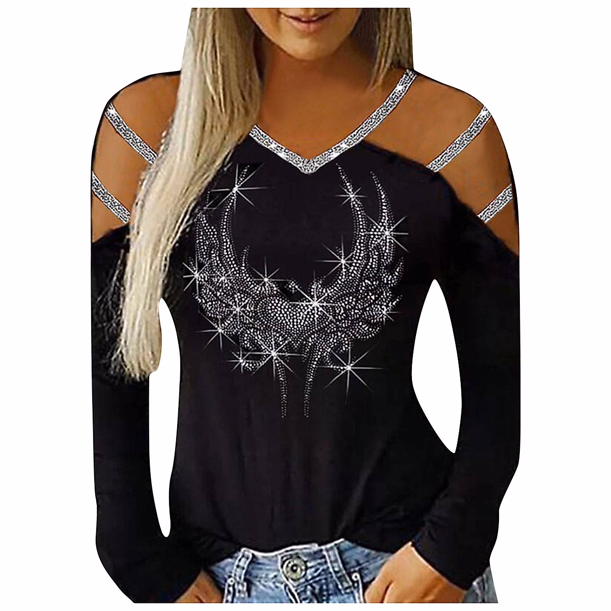 Padaleks Womens Casual Tops Long Sleeve Cutout Cold Shoulder Crewneck Rhinestone Blouse Pullover Shirt Sweatshirts
