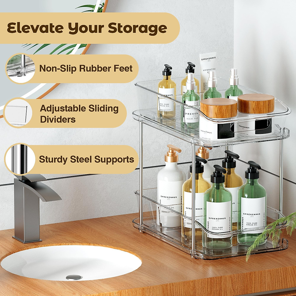 incostar 2 Tier Under Sink Organizer for Bathroom and Kitchen, Pull-Out Storage Organizer with Dividers, Ideal for Organizing Cupboard,Bathroom Vanities,Cabinet, Slide-Out Clear Storage, 2 Pack