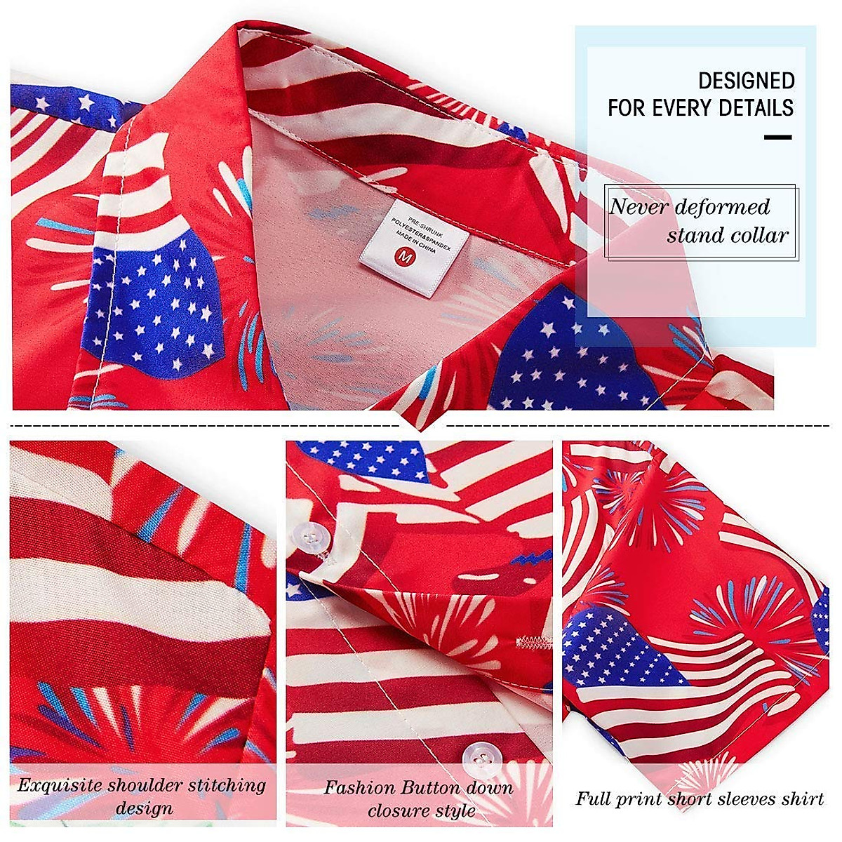 Fanient Button Down Shirt for Mens USA Flag Hawaiian Shirt Summer Beach Aloha Shirts Casual Novelty Slim Fit Patriotic Button Up Shirt M