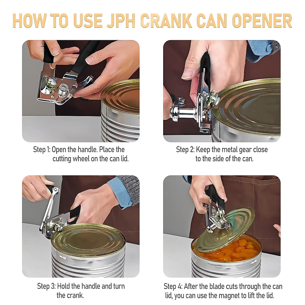 JPH Commercial Can Opener Manual Heavy Duty - Easy to Use with Comfortable Easy Crank Handle - Swing Grip Design, Hand Can Opener, Includes Built in Bottle Opener (Extra Large)