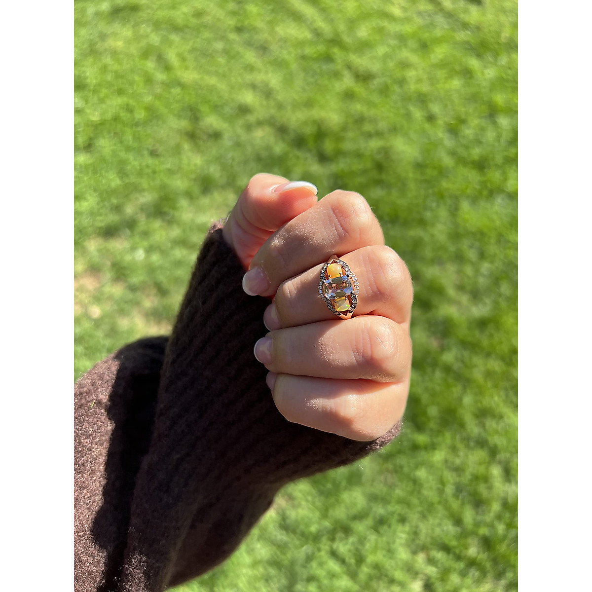 LE VIAN 1/6 Carat Diamond, Morganite and Opal Split Shank Ring for Women in 14k Rose Gold (Fancy Brown/G-H, VS2-SI2, cttw) Triple Stone Promise Anniversary Ring Size 7