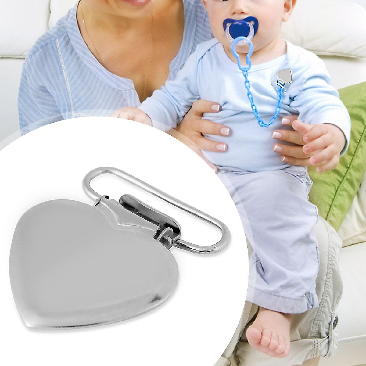 Pssopp Suspender Clips, 10Pcs Heart Suspender Clips Baby Teething Toys Silver Blankets Clips Heart Shaped Suspender Braces Clips Holder