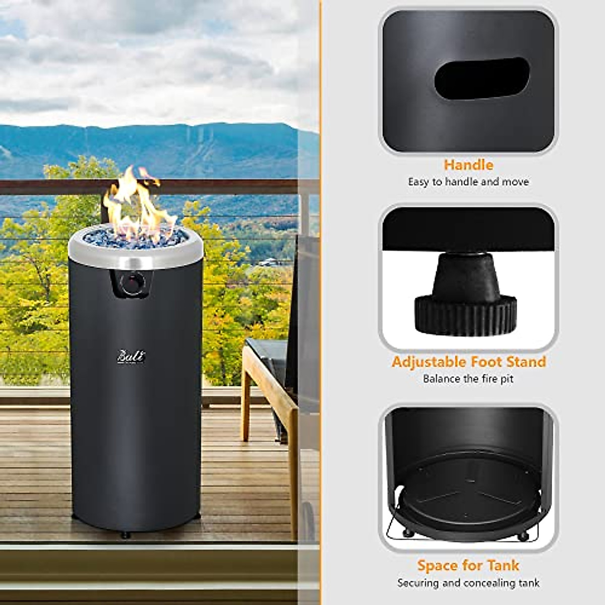 BALI OUTDOORS Round Propane Fire Pit Gas Firepit Fire Column, Blue Fire Glass, 15'' D x 32.6''H, Black