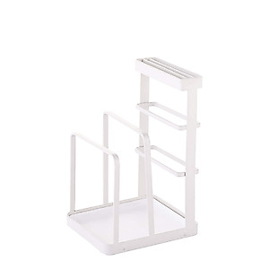 VANRA Metal Steel Cutting Board Holder Knife Block Kitchen Organizer Pantry Bakeware Rack Pan Pot Cover Lid Rack Stand with Draining Tray (White)