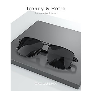 LUENX Men Rectangular Polarized Sunglasses Square Retro Shades - Black Lens Black Frame 59mm