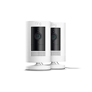 Ring Stick Up Cam Plug-In HD security camera with two-way talk, Works with Alexa – White – 2-Pack