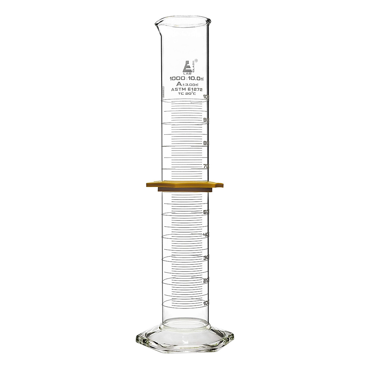 EISCO Graduated Cylinder, 1000mL - ASTM, Class A Tolerance ±3.00mL - Protective Collar, Hexagonal Base - White Graduations - Borosilicate 3.3 Glass