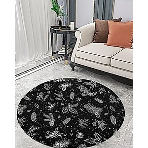 Christmas Flower Fluffy Round Area Rug Carpets 3.3ft, Plush Shaggy Carpet Soft Circular Rugs, Non-Slip Fuzzy Accent Floor Mat for Living Room Bedroom Nursery Decor Black White Pine Tree Leaves Cone