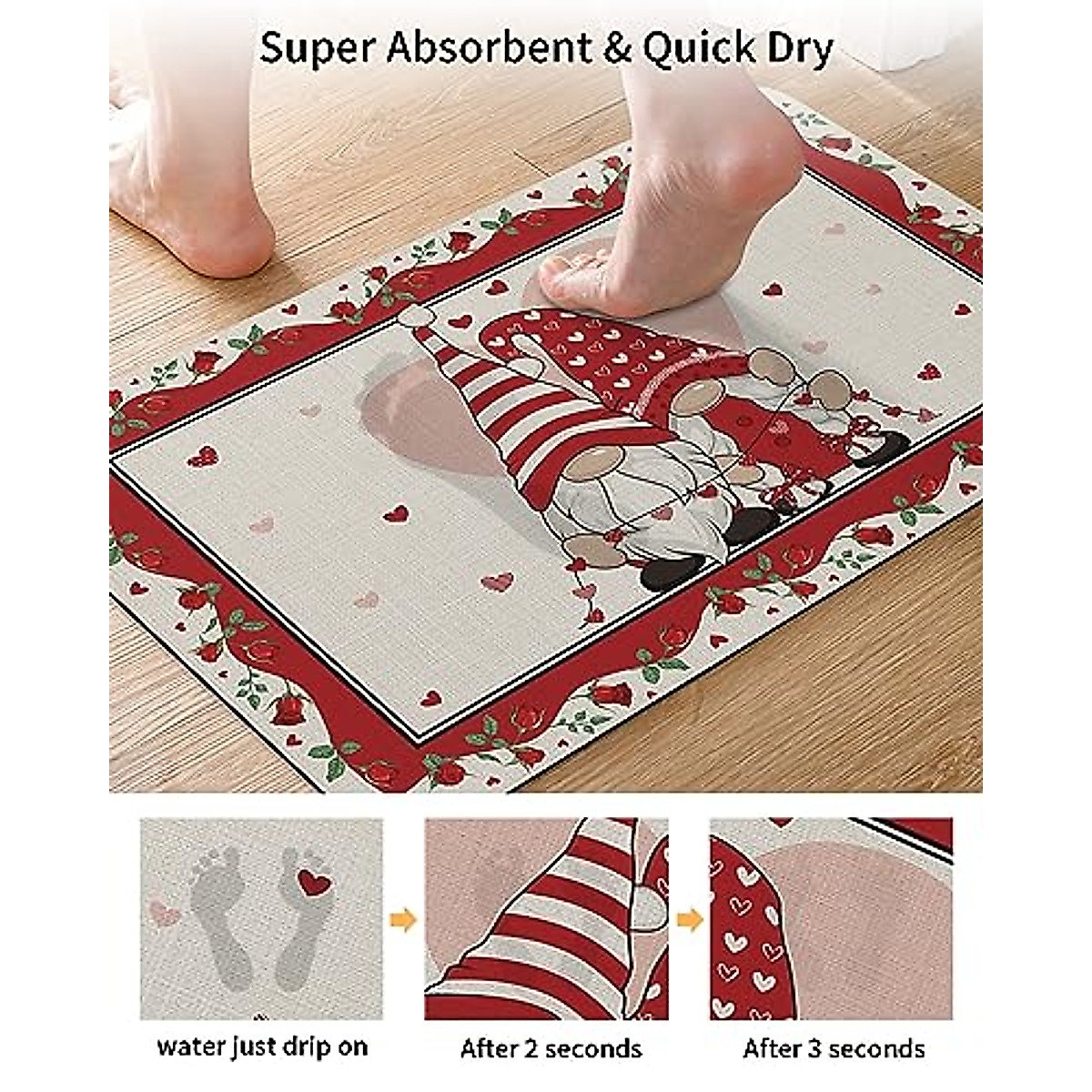 Valentine's Gnomes Bath Mat for Tub,Non Slip Bathroom Floor Runner Rug Quick Dry & Absorbent Diatomaceous Earth Kitchen Room Shower Sink Washable Doormat,Saint Love Heart Red Rose Floral 16"x24"