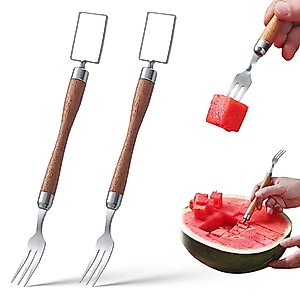 2 In 1 Stainless Steel Fruit Cutter, 2024 New Portable Dual Head Watermelon Cutter Slicer Tool, Stainless Steel Watermelon Fork Slicer Cutter for Summer Family Party Camping (Wood*2)
