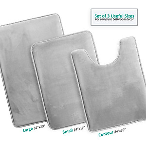 Clara Clark 3 Piece Bathroom Rugs Bath Mat Set, Velvet Memory Foam Bath Mats for Bathroom - Non-Slip, PVC Backing Bath Rugs, Washable Bathroom Rug Mats - Dries Quickly, Silver Bathroom Rug Set