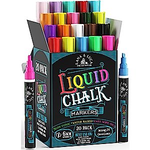 Liquid Chalk Markers for Blackboards - Bold Color Dry Erase Marker Pens - Chalk Markers for Chalkboards Signs, Windows, Blackboard, Glass with 24 Chalkboard Labels Included - 6mm Reversible Tip (20 Pack)