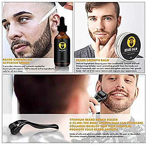 Beard Growth Kit - Derma Roller for Beard Growth, Beard Growth Serum Oil (2oz), Beard Balm and Comb, Stimulate Beard and Hair Growth - Gifts for Men Dad Him Boyfriend Husband Brother