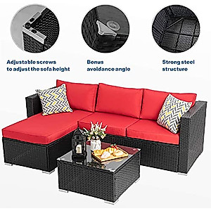 Walsunny Patio Furniture Set 3 Piece Outdoor Sectional Patio Sofa, All Weather Wicker Rattan Outdoor Furniture with Glass Table and Cushions(Red)