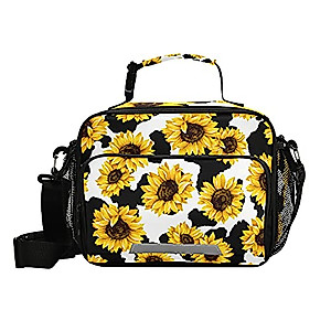Glaphy Sunflower Cow Print Lunch Bag Insulated Lunch Box Cooler Cooling Tote Food Container for Adults Men Women