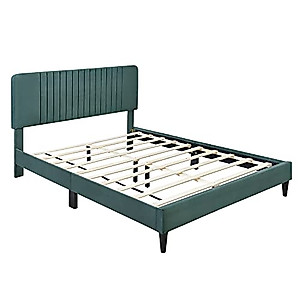 OPTOUGH Queen Upholstered Platform Bed with Headboard, Velvet Queen Size Bed Frame with Wooden Slats/Noise-Free/No Box Spring Needed, Green