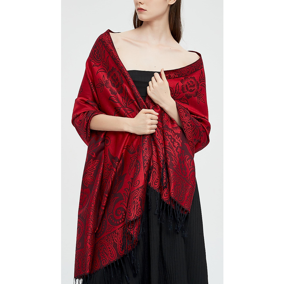 Gragengs Pashmina Shawl Wrap with Ethnic Paisley Two Tone Jacquard Scarf for Women,Paisley-Black Red