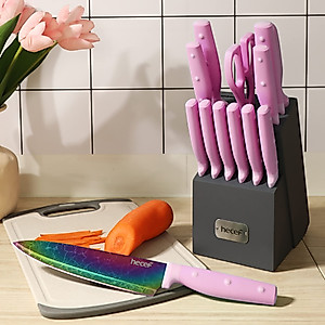 hecef 14 Pieces Knife Set with Block, Rainbow Titanium Knives Set with Laser Pattern, Martensitic Stainless Steel Chef Knife Set with Sharpener, Steak Knife, Scissors, Mothers Day Gift