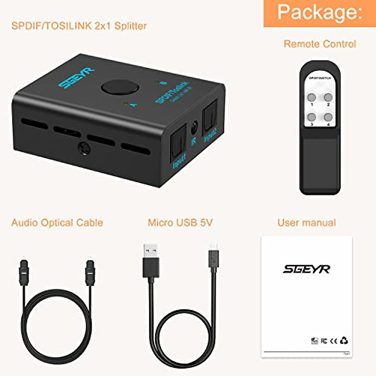 Digital Audio Optical Audio Switch 2 in 1 Out, SGEYR Digital Optical Audio Splitter SPDIF Toslink Switch Optical Switcher with IR Remote Control & Optical Cable for PS3 Xbox Blue-Ray HDTV