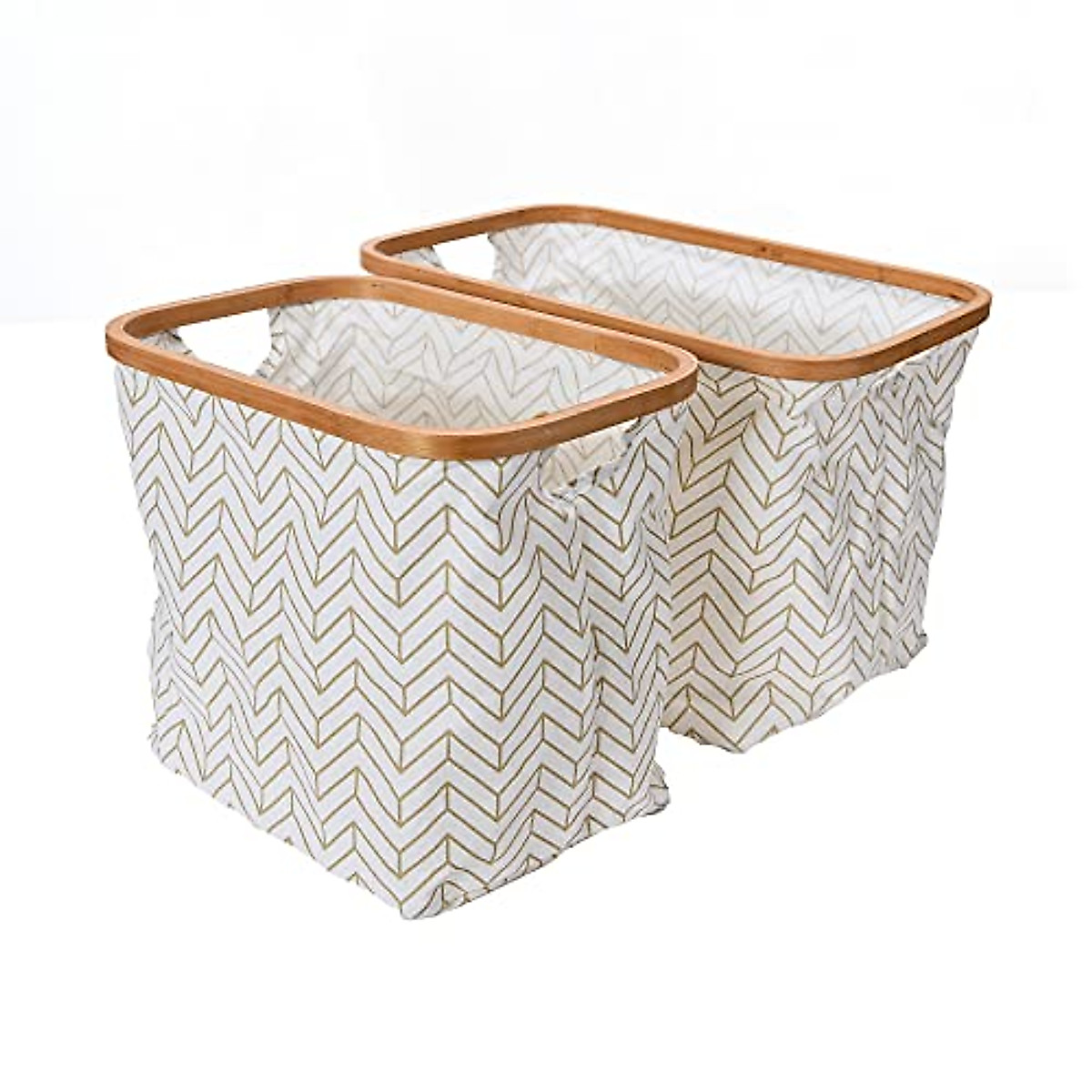 Household Essentials Bamboo Rimmed Krush Basket with Cutout Handles, Set of 2 Sizes, Tan Chevron