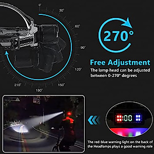 Headlamp Rechargeable for Adults 100000 Lumens, XHP99 Bright Head Lamps Outdoor Led Headlight - 4 Modes, 270° Adjustable, Red-Blue Warn Light, Digital Power Displayer, Zoomable Mutifunction Headlamps