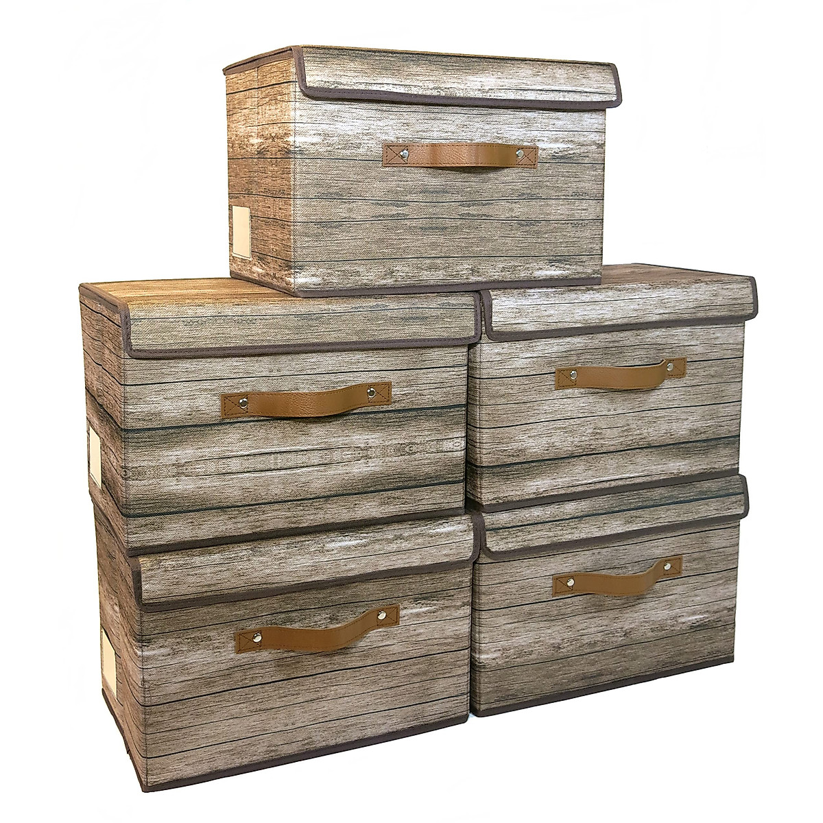 KaleaBoutique KB Foldable Storage Bins with Lids Fabric Collapsible Stacking Boxes, Closet Organizers Storage, Laundry Room Bins, Office Home Storage Bins (Set of 5 Bins, Reclaimed Wood)