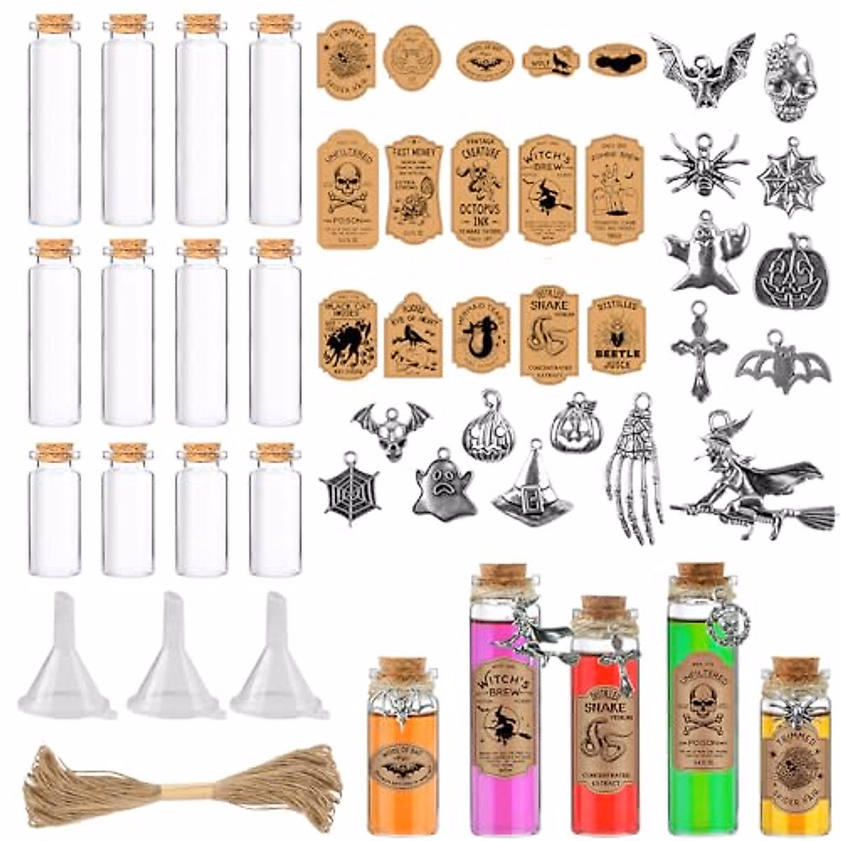 Luckyhern 64 Pcs Halloween Potion Bottles Apothecary Bottles with Halloween Stickers and Pendants for Halloween Indoor Decor Halloween Tiered Tray Table Home Room Party Supplies