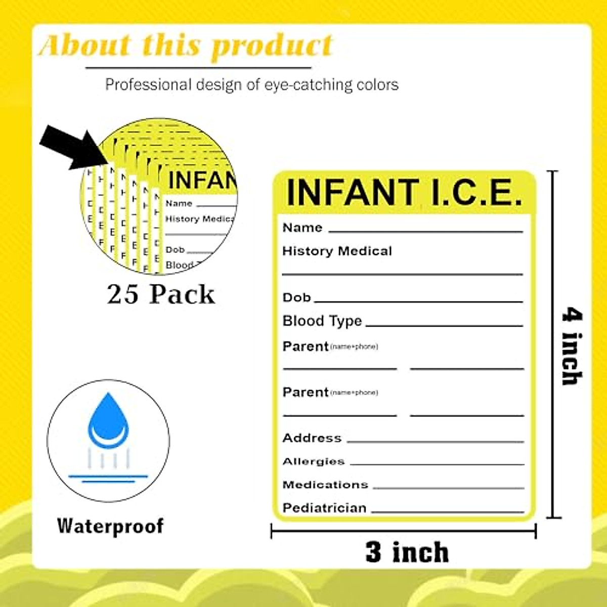 Infant I.C.E.(in Case of Emergency) Card Sticker 3 x 4 Inch Child Emergency Identification Contact Car Seat Stickers - Kids Car Seats Alert Attachment Tag Safety Decals 25 Pcs