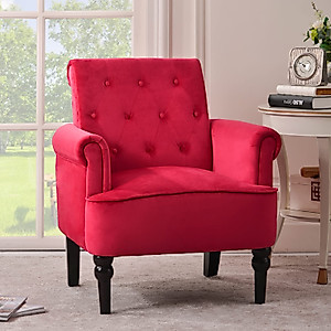 Accent Chair with Roll Arm, Upholstered Modern Reading Sofa Chair with Wood Legs and Wingback, Button Tufted Club Velvet Vanity Armchairs for Living Room, Bedroom, Lounge Room (Red)
