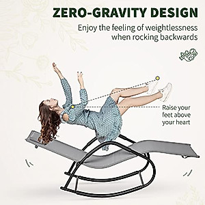 Outsunny Rocking Chair, Zero Gravity Patio Chaise Sun Lounger, Outdoor Rocker, UV Water Resistant, Pillow for Sunbathing, Lawn, Garden or Pool, Grey