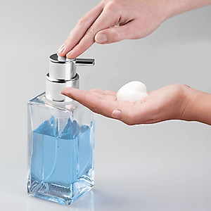 mDesign Modern Square Glass Refillable Foaming Hand Soap Dispenser Pump Bottle for Bathroom Vanities or Kitchen Sink, Countertops - Clear/Chrome