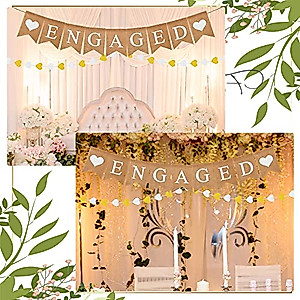 Engaged Banner Heart Garland and LED String Lights Set Rustic Burlap Bunting Garland White Gold Hanging Love Heart Streamer Banner for Wedding Engagement Party Bridal Baby Shower Birthday Decorations