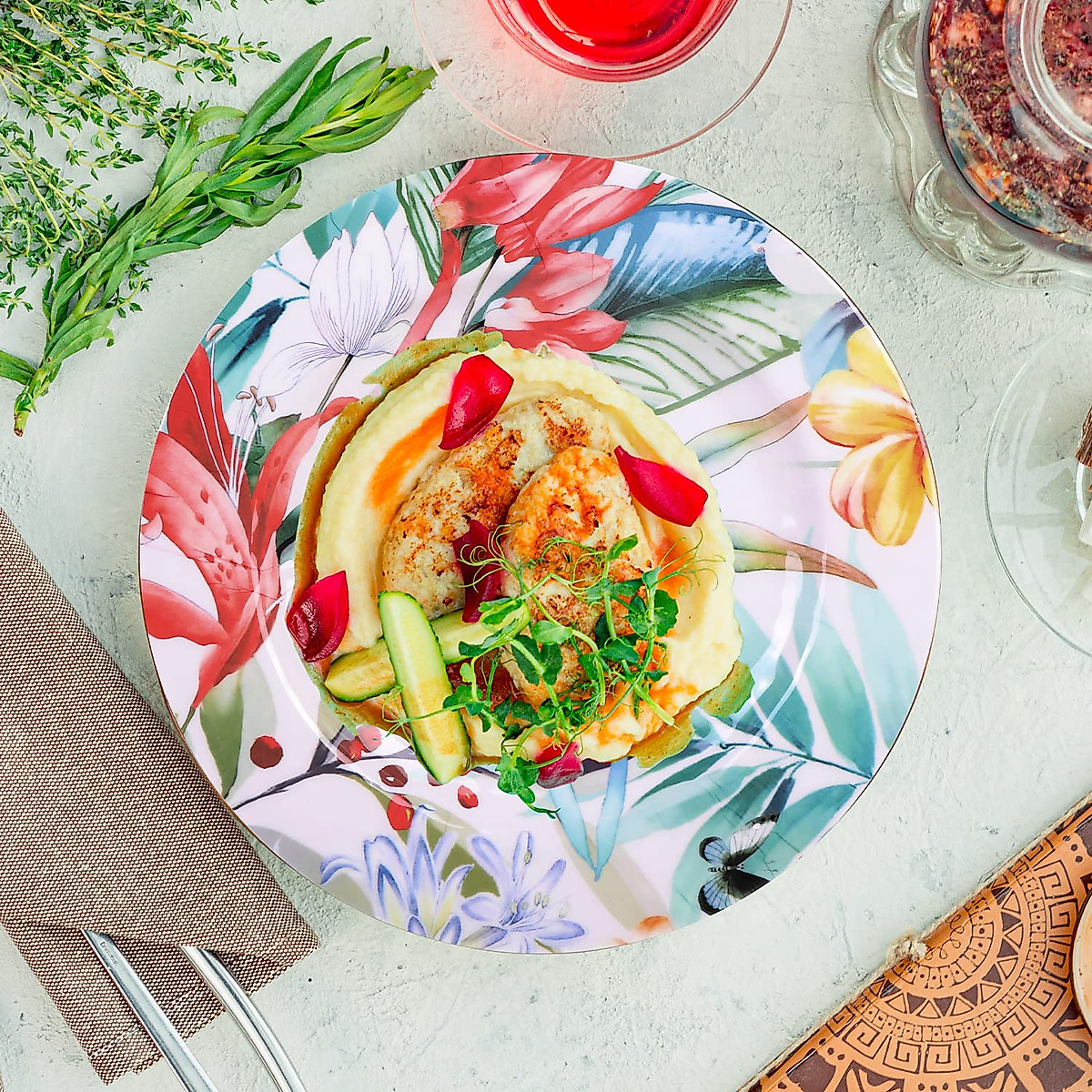 Melamine Dinnerware Sets 12 Pcs Plates and Bowls Sets Lightweight Unbreakable Natural Elements Pattern Dinner Plates Salad Bowls Outdoor Dishes Set for 4 BPA Free Dishwasher Safe (Red)