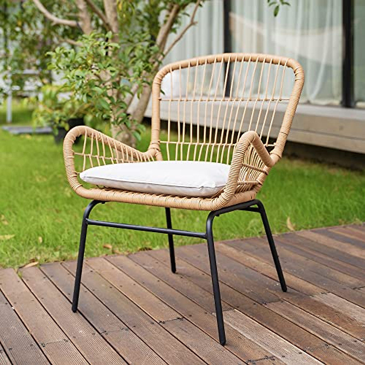 LifeSky Wicker Table Chairs Set - 3 Piece Outdoor Chairs Set - Patio Table Sets with Glass Top Table for Courtyard Garden Brown