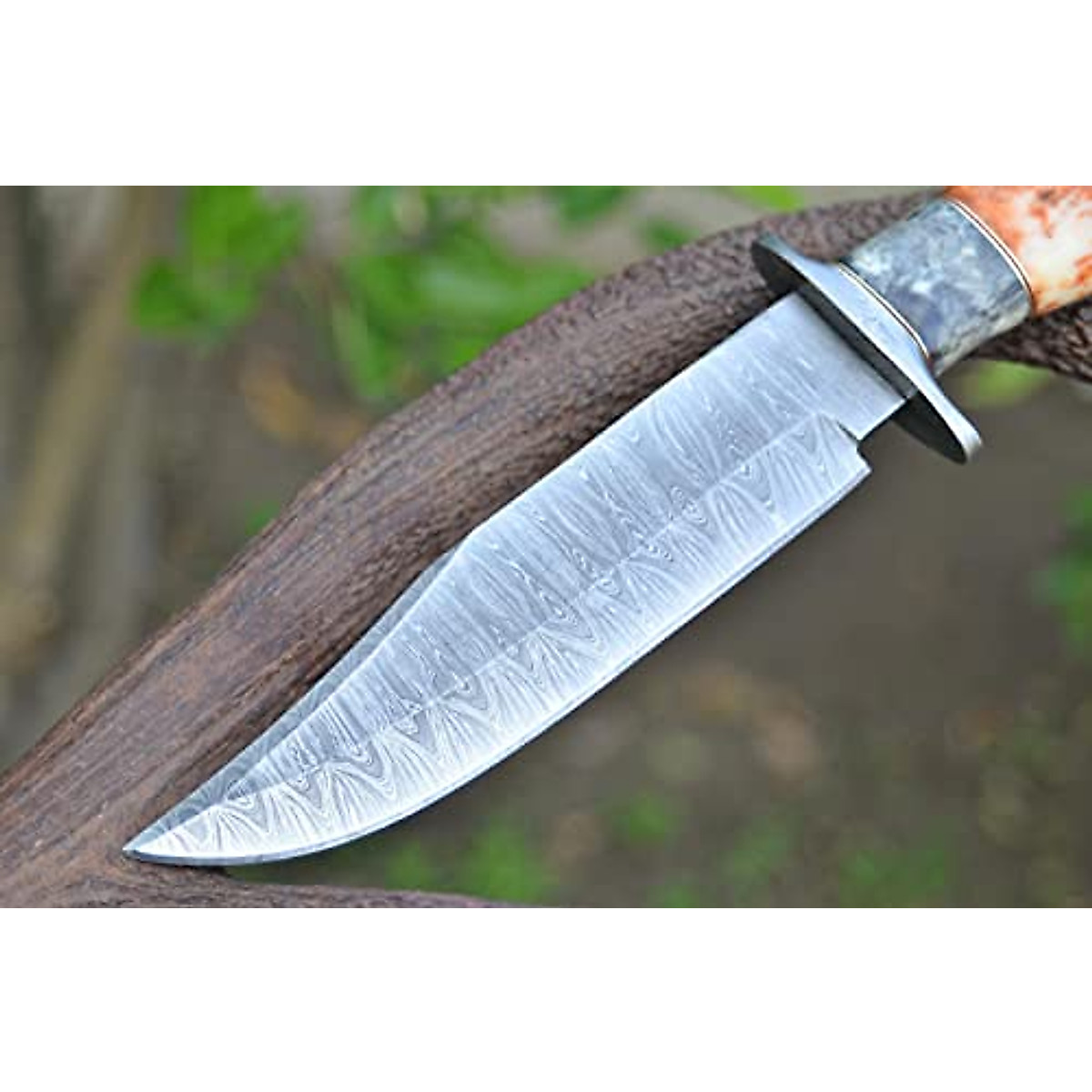 UK UNIQUE SHARP KNIVES BK-3002 Handmade Damascus Steel 12.50 Inches Hunting Knife - Exotic Coloured Bone Handle