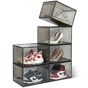 EOENVIVS Shoe Storage Boxes Large Shoe Boxes Fit Size 13, 6 Pack Clear Plastic Shoe Organizer with Stackable Design and Magnetic Door, Space Saving Shoe Containers for Boots and Sneakers, Grey