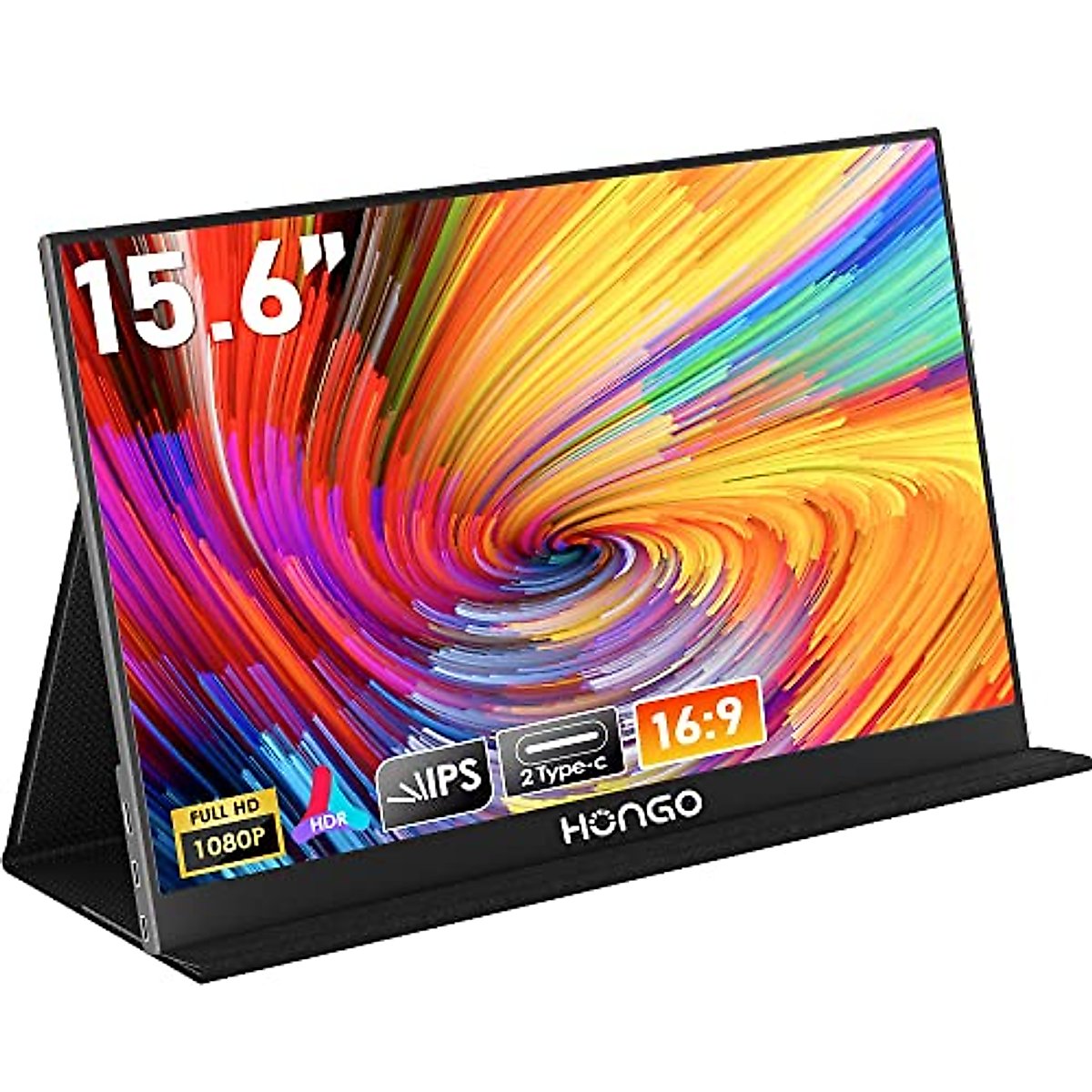 HONGO Portable Monitor 15.6'' 1080P FHD USB-C Portable Laptop Monitors Smart Cover & Dual Speaker, HDMI Computer Display IPS HDR External Gaming Monitor for PC Phone Mac Xbox PS4 Switch