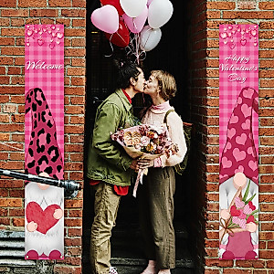 Valentine's Day Gnome Porch Banner Buffalo Check Plaid Anniversary Holiday Front Door Sign Wall Hanging Party Decoration