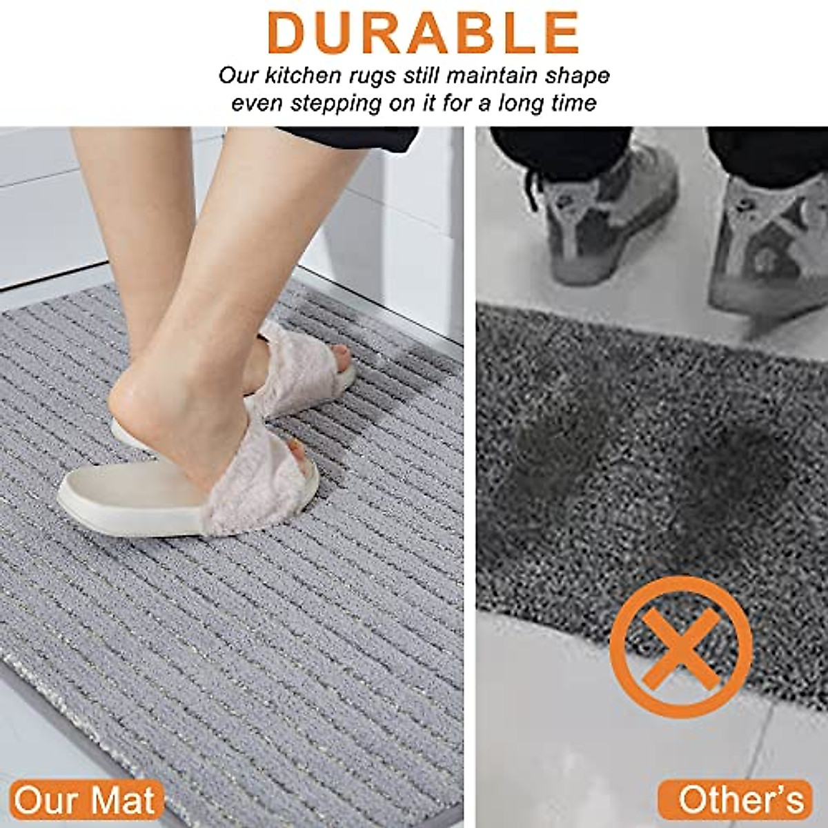 BEQHAUSE Kitchen Rugs and Mats Non Skid Washable Kitchen Floor Mat with TPR Backing 100% Polyester Grey Kitchen Mat Set of 2 Absorbent Runner Rugs for Kitchen 20x30inch/20x48inch