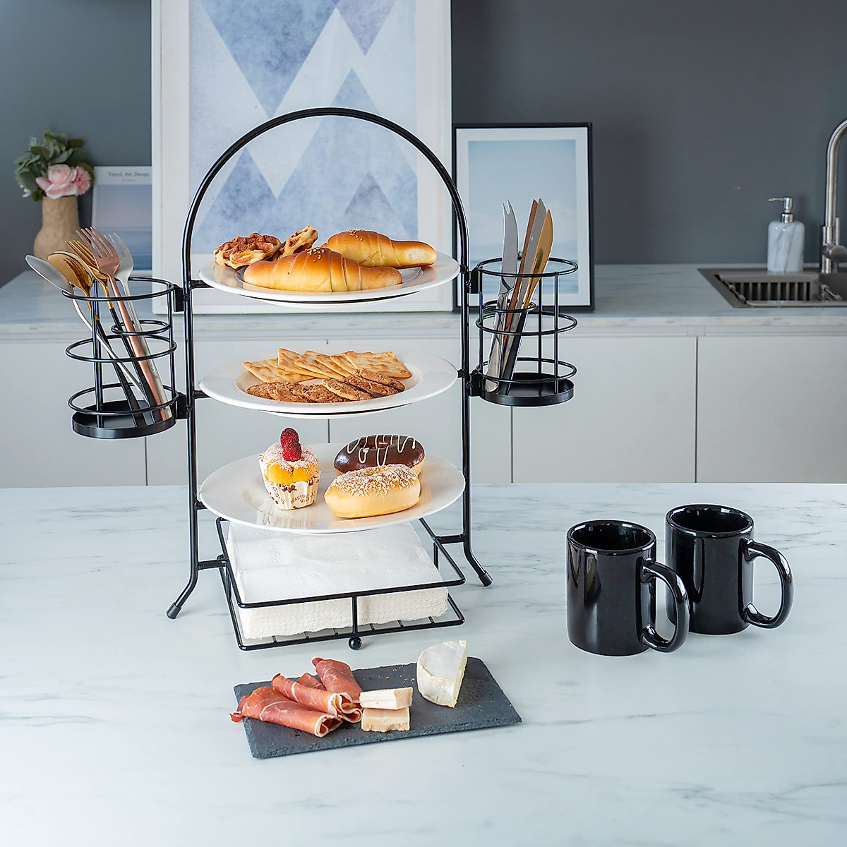 Creative Home 3-Tier Plate Rack Napkin Holder Buffet Caddy Storage Organizer with Removable Flatware Utensil Holder, Black